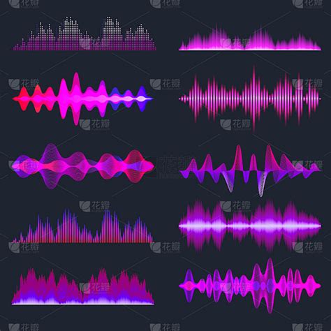多彩的声波集合。模拟和数字音频信号。音乐均衡器。干扰录音。高频无线电波。矢量图