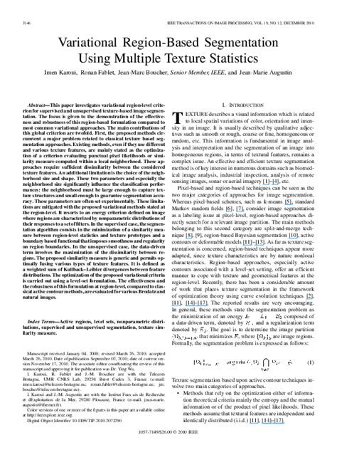 Pdf Variational Region Based Segmentation Using Multiple Texture Statistics