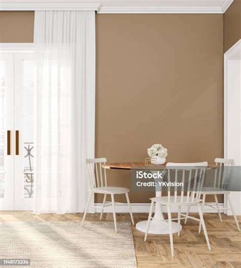 저녁 식사 테이블 의 자 커튼 나무 바닥 및 꽃이 있는 클래식 베이 지 빈 인테리어 룸입니다 3d 렌더링 그림입니다 실내에 대한 스톡 사진 및 기타 이미지 Istock
