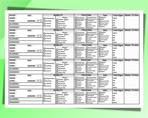 Cna Shift Report Sheet Certified Nursing Assistant Brain Sheet For 6 Patients Patient Care