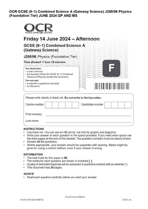 OCR GCSE 91 Combined Science A Gateway Science J250 06 Physics Foundation Tier JUNE 2024