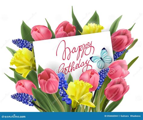 Happy Birthday Greeting Card With Bouquet Of Spring Flowers Tulips Daffodils Muscarivector