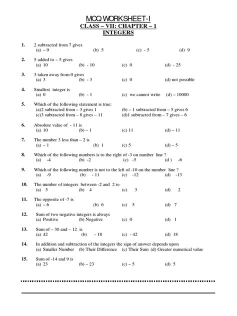 Mcq Worksheet I Class Vii Chapter 1 Integers Pdf Numbers