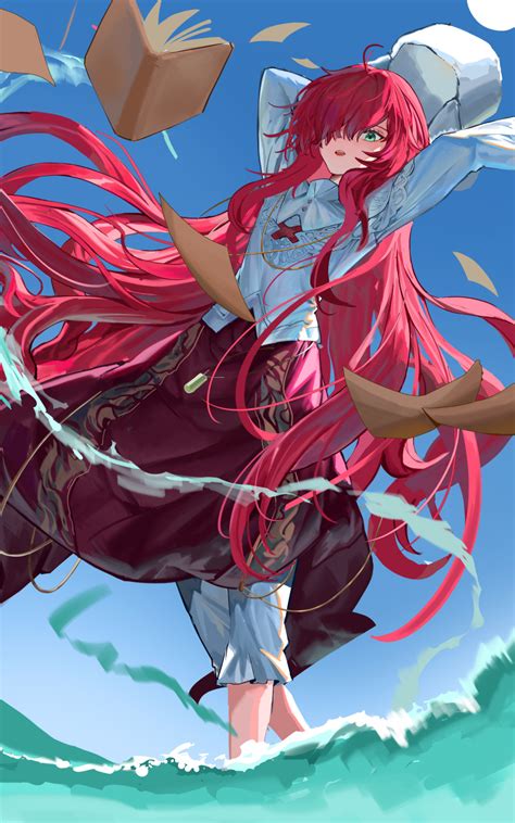 Safebooru 1girl Absurdres Book Clear Sky Flat Chest Green Eyes Hat Highres Long Hair Looking