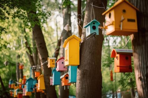 Premium Ai Image Brightly Colored Feeders Hanging From Birdhouses Among The Trees Created With