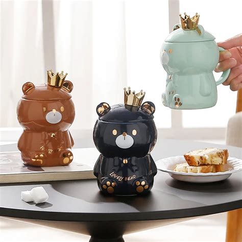 창의적인 만화 왕관 곰 머그잔 커플 세라믹 3d 귀여운 커버 스푼 컵 어린이 아침 식사 우유 컵 선물 450ml