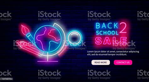학교 판매 네온 전단지로 돌아 가기 글로브와 문구류가 있는 랜딩 페이지 템플릿입니다 벡터 스톡 일러스트레이션 대학교에 대한 스톡