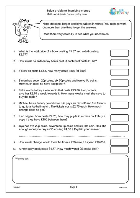 Money Problem Solving Worksheets
