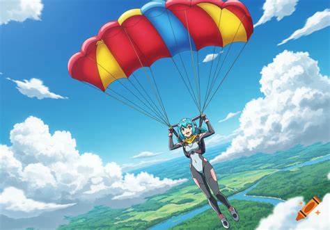 An Anime Girl With Blue Hair In A Grey And Pink Jumpsuit Parachutes