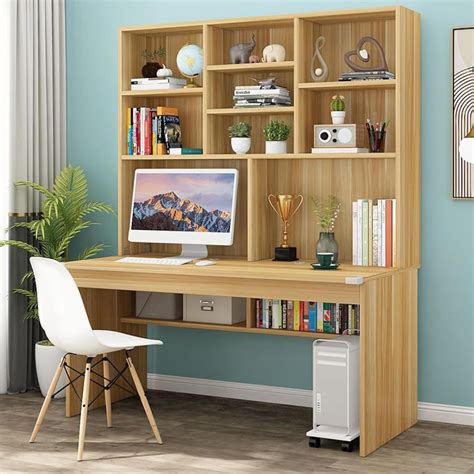 Pufahau Modern Computer Desk With Bookshelf For Small Spaces Pink Wood