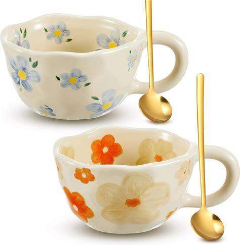 Vesici 2 Pcs Ceramic Coffee Mugs Flower Cups With Spoon