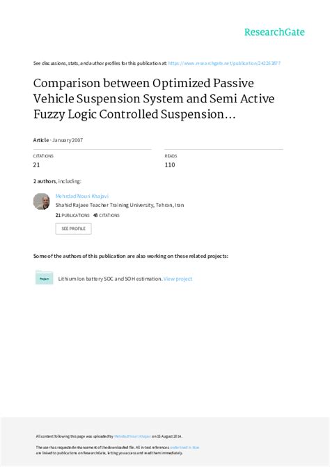 Pdf Comparison Between Optimized Passive Vehicle Suspension System And Semi Active Fuzzy Logic