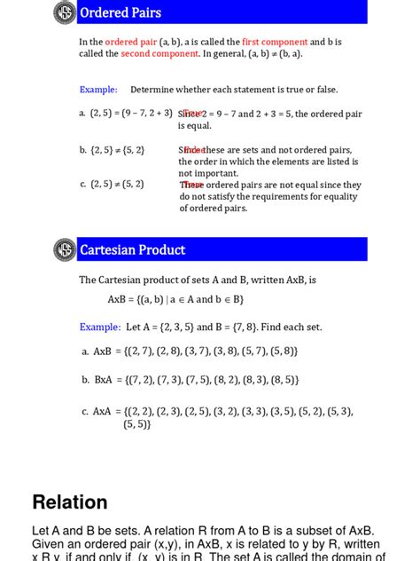 Ordered Pairs Cartesian Product Relations And Functions Pdf