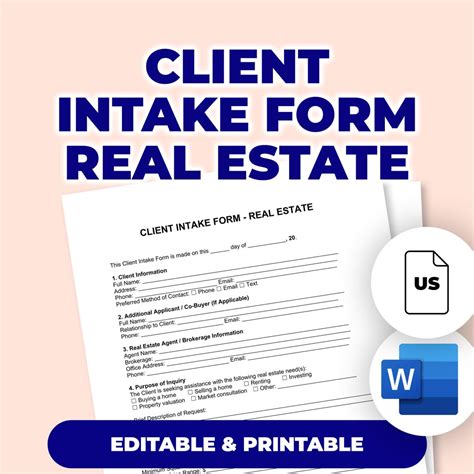 Client Intake Form Real Estate Printable File For Microsoft Word Etsy