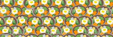 손으로 그린 한국 음식 비빔밥 그림 원활한 패턴 비빔밥 레시피 계란 후라이 오징어 새우 오이 콩나물 해초를 곁들인 전통 한국 요리 비빔밥 아시아 음식 배경 건강한 생활방식에