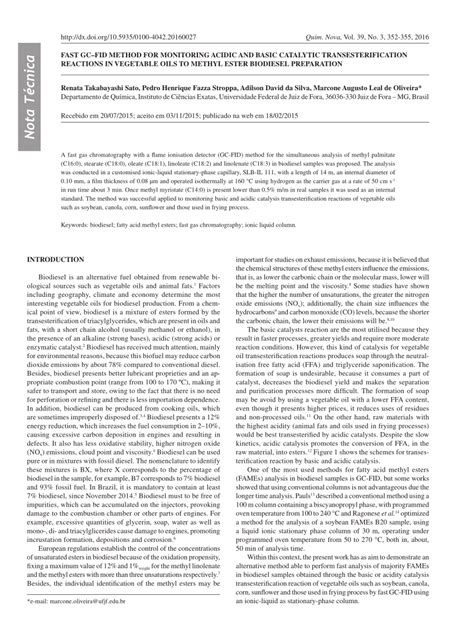 Pdf Fast Gc Fid Method For Monitoring Acidic And Basic Catalytic Transesterification Reactions