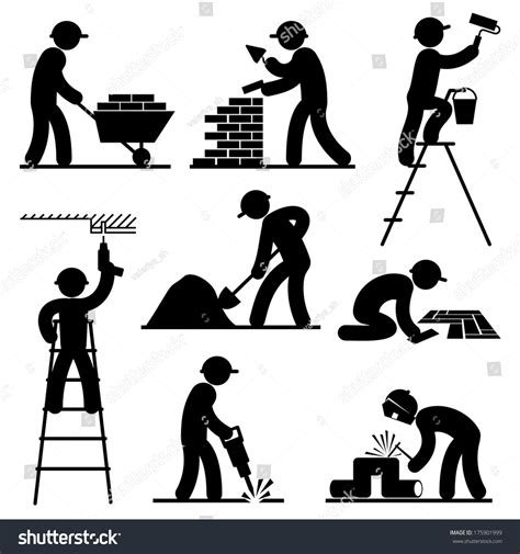 Set Black White Vector Icons Builders Stock Vector Royalty Free 175901999