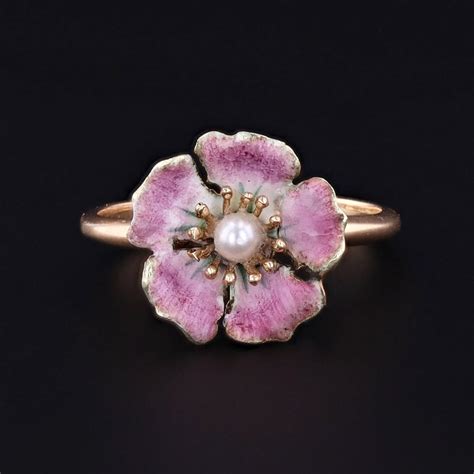 14k Gold Enamel Flower Ring Antique Pin Conversion Ring Trademark