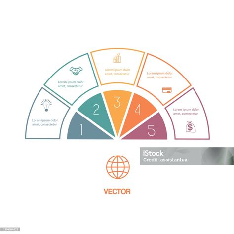 디자인 인포 그래픽을위한 반원 템플릿 텍스트 영역에 대한 5 위치 광고 워크 플로우 배너 다이어그램 웹 디자인 지역 차트에 사용할 수 있습니다 배경 흰색 반원에 대한 스톡