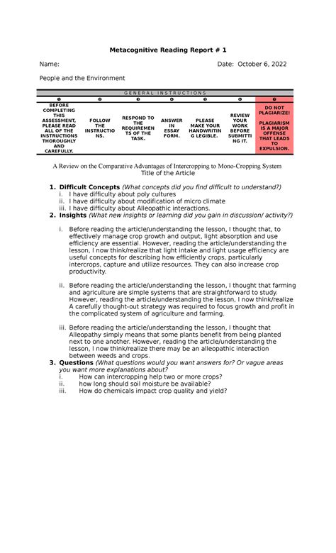 Metacognitive Reading Report Follow The Instructio Ns Respond To
