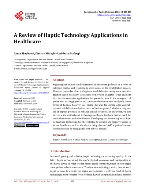 Pdf A Review Of Haptic Technology Applications In Healthcare