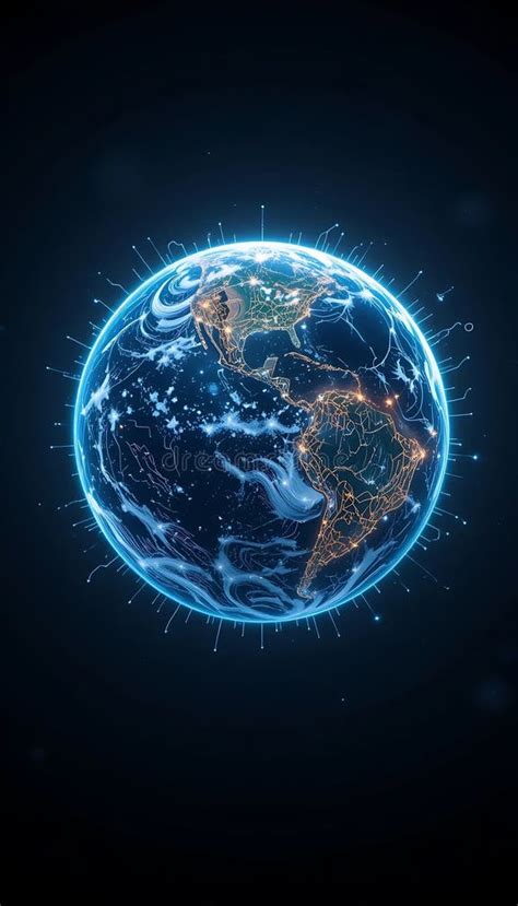 Glowing Earth Visualization Shows Digital Network Connectivity And Global Data Flow Stock
