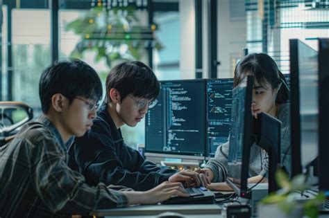 Asian It Engineers Coding Complex Software Collaboratively In Modern Office Realistic Digital