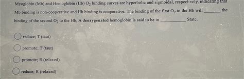 Solved Myoglobin Mb ﻿and Hemoglobin Hbo2 ﻿binding Curves