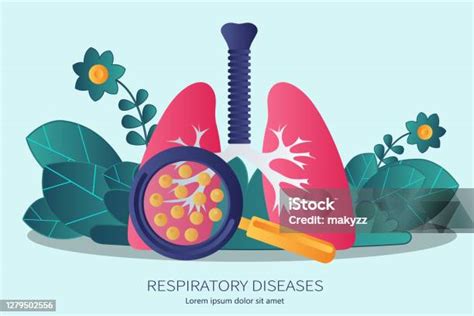 바이러스와 박테리아를 보여주는 돋보기를 들고 손으로 인간의 폐 호흡기 질환 개념 플랫 벡터 일러스트레이션 건강관리와 의술에 대한 스톡 벡터 아트 및 기타 이미지 Istock