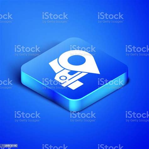 파란색 배경에 격리 된 택시 아이콘이있는 등각 투영지도 포인터 위치 기호입니다 파란색 사각형 버튼입니다 벡터 일러스트레이션