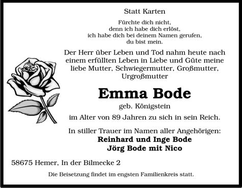 Traueranzeigen Von Emma Bode Trauer In Nrw De