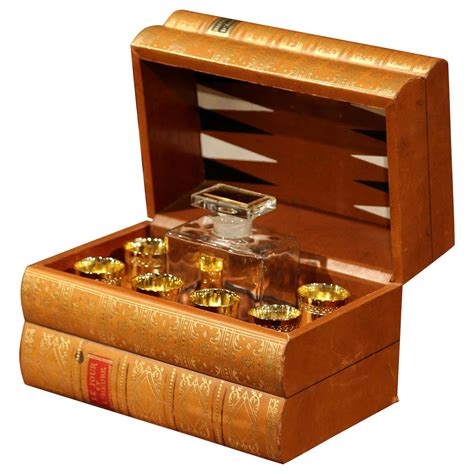 Mid 20th Century French Leather Book Liquor Box With Shot Glasses And