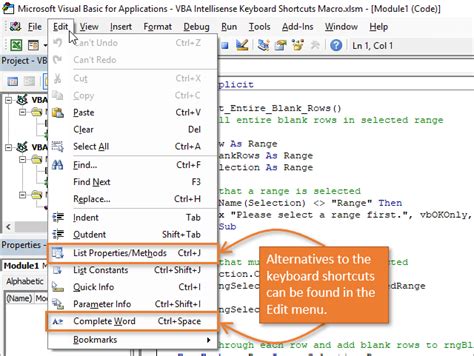 Keyboard Shortcuts For The Vba Intellisense Drop Down Menu Excel Campus