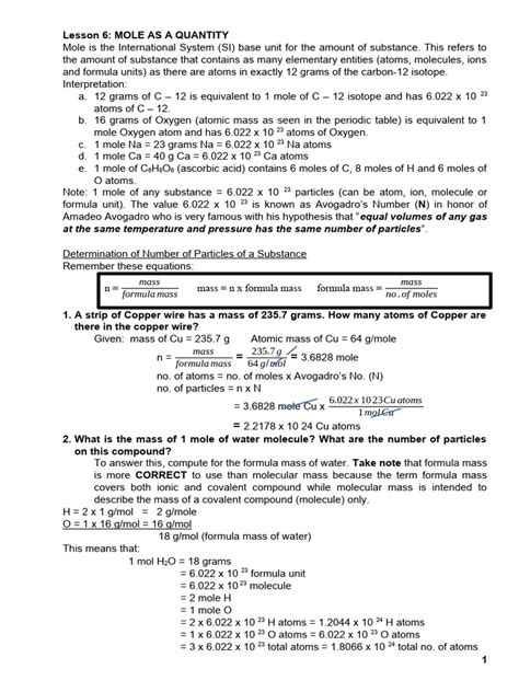 Lesson 6 Mole As A Quantity Pdf Mole Unit Stoichiometry