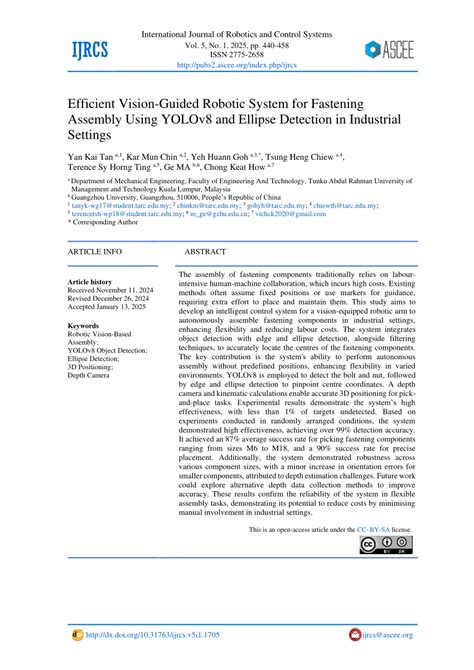 Pdf Efficient Vision Guided Robotic System For Fastening Assembly Using Yolov8 And Ellipse