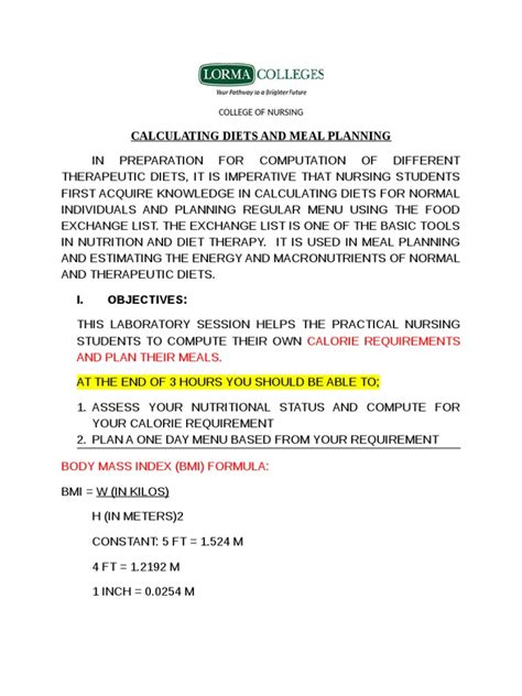 Calculating Diets And Meal Planning This Pdf Calorie Dieting