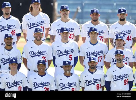 Los Angeles Dodgers Players Pose For A Team Photo Ahead Of A Baseball
