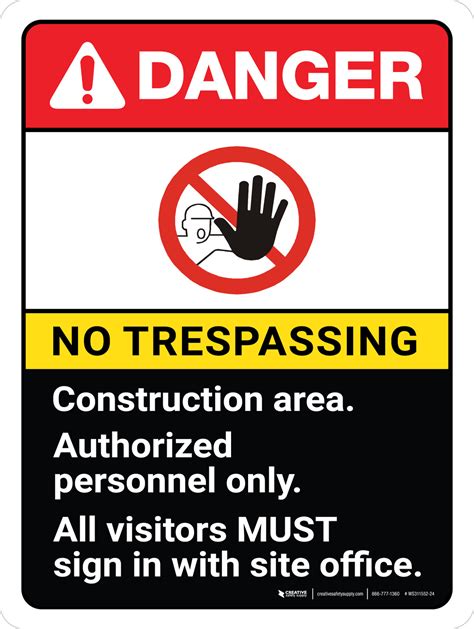 Danger No Trespassing Construction Area Portrait Wall Sign