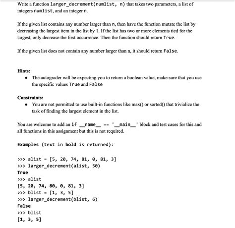 Solved Write A Function Largerdecrementnumlist N That