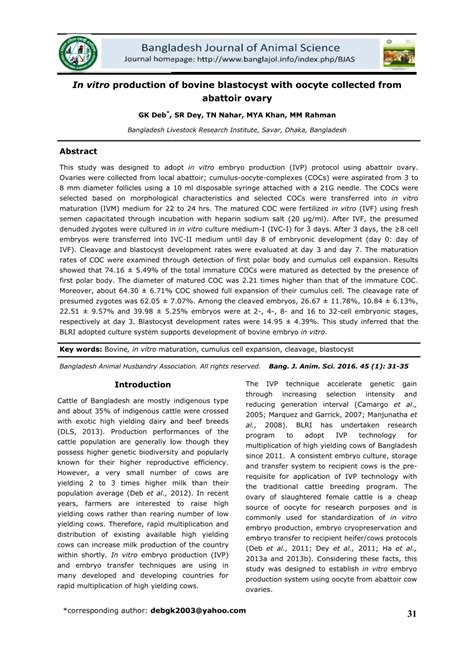 Pdf In Vitro Production Of Bovine Blastocyst With Oocyte Collected