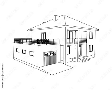 Building Perspective 3d Drawing Of The Suburban House Outlines Cottage On White Background