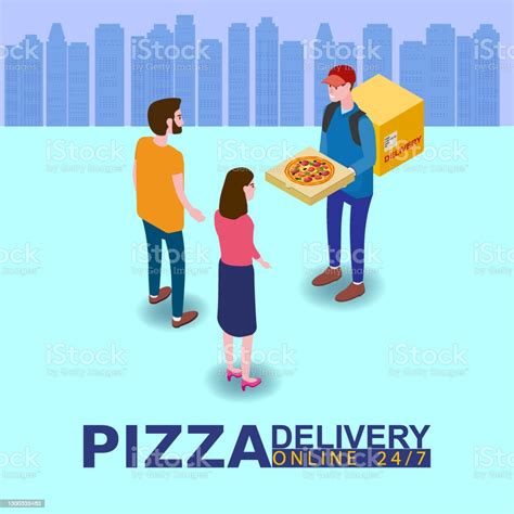 피자 배달 서비스 이소메트릭 개념 택배는 부부 여성과 남자에게 피자 상자를 제공합니다 빠른 24 7 배송 온라인 식품 주문 템플릿 배너 벡터 일러스트레이션 3d 격리 3차원
