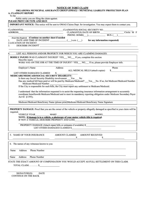 Notice Of Tort Claim Form Printable Pdf Download