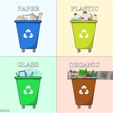 종이 플라스틱 유리 및 재활용에 적합한 유기 폐기물과 다른 색깔의 쓰레기 통 0명에 대한 스톡 벡터 아트 및 기타 이미지 0명 개념 개체 그룹 Istock