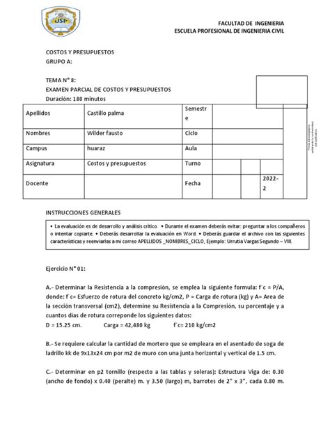 Examen Parcial Castillo Grupo A De Costos Y Presupuestos Pdf Materiales De Construcción