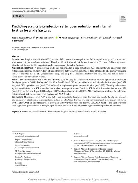 Pdf Predicting Surgical Site Infections After Open Reduction And Internal Fixation For Ankle