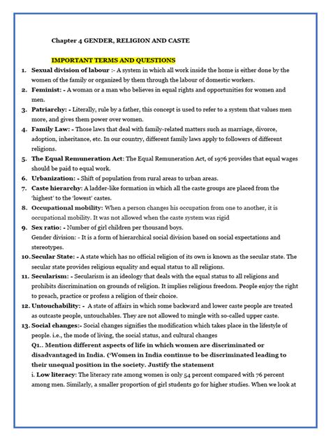 Chapter 4 Gender Most Imp Questions With Mcq Pdf