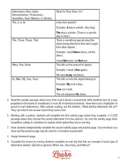 Identifying And Using Determiners Lesson Plan By Learn Bright Education