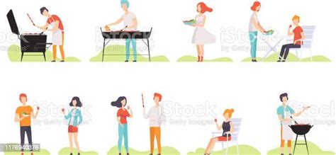 그릴에 바베큐를 굽는 사람들 남자와 여자데 야외 바베큐 파티 벡터 일러스트 레이션 에 A 흰색 배경 건강한 식생활에 대한 스톡 벡터 아트 및 기타 이미지 Istock