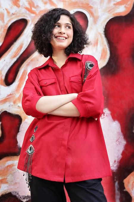 Buy Red Cotton Satin Embellished Sequin Collared Placement Shirt For
